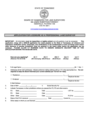 Fillable Online tn Professional Land Surveyor PLS Application - State ...