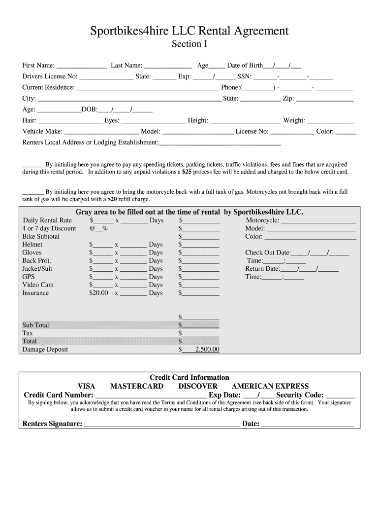 Fillable Online Colorado Sport Bike Rental Agreement Fax Email Print ...