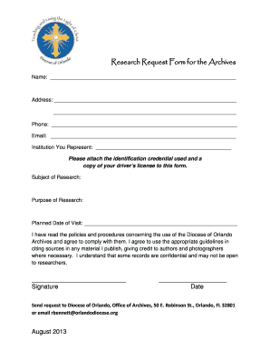 Fillable Online orlandodiocese Research Request bFormb for the Archives ...