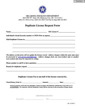 Fillable Online Duplicate License Request Form - Oklahoma Fax Email ...