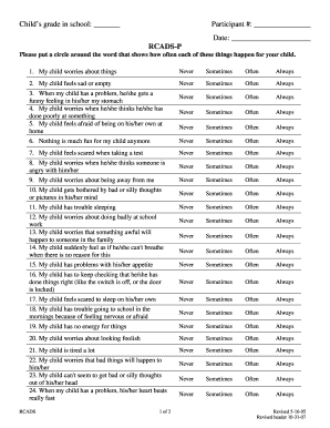 Fillable Online Childs grade in school Participant Date RCADS-P Fax ...