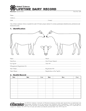 Fillable Online pierce uwex Animal Sciences LIFETIME DAIRY RECORD ...