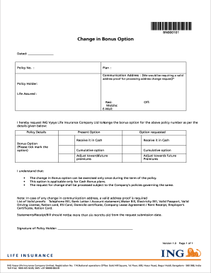 Fillable Online Bonus Change Form - Karvy Insurance Repository Ltd Fax Email Print - pdfFiller