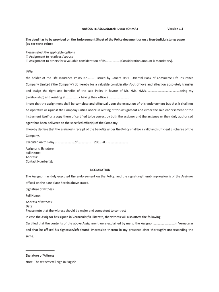 Fillable Online ABSOLUTE ASSIGNMENT DEED FORMAT Version 11 The deed has ...