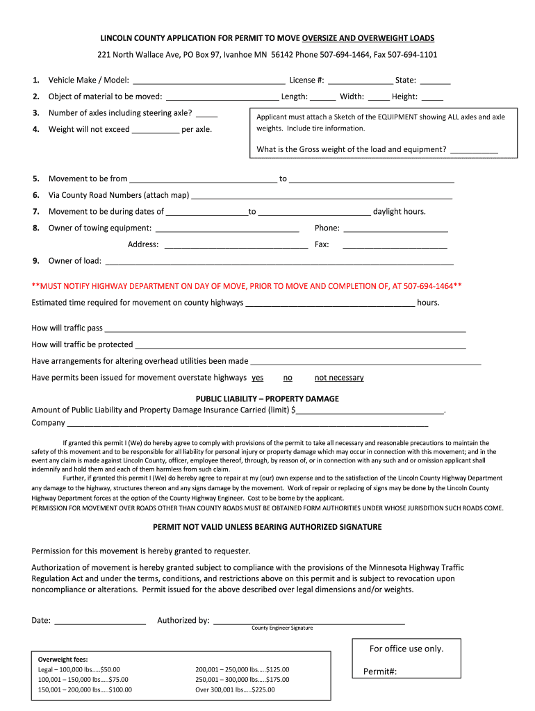 Fillable Online LINCOLN COUNTY APPLICATION FOR PERMIT TO MOVE OVERSIZE AND Fax Email Print ...