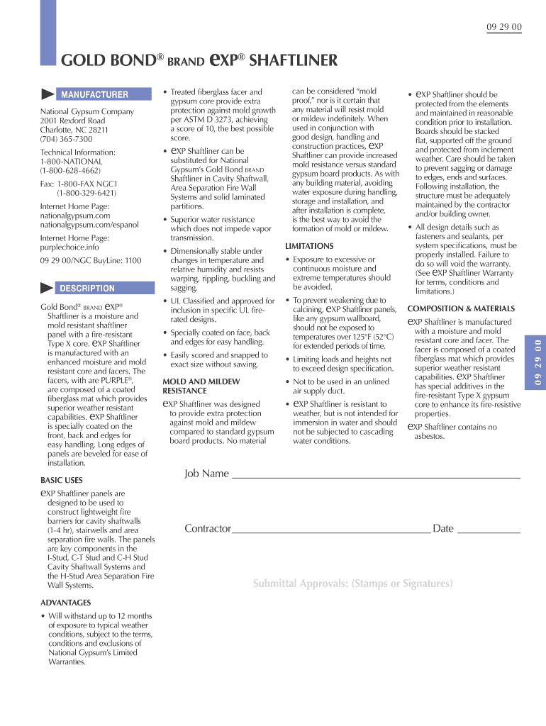 Fillable Online GOLD BOND brand XP SHAFTLINER - National Gypsum Fax Email Print - pdfFiller