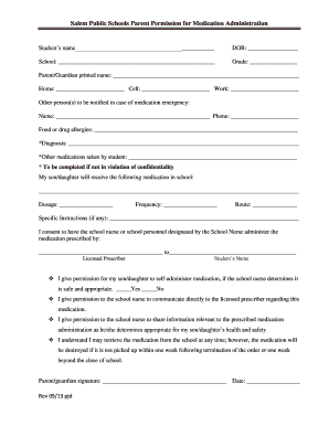 Fillable Online Salem Public Schools Parent Permission for Medication ...
