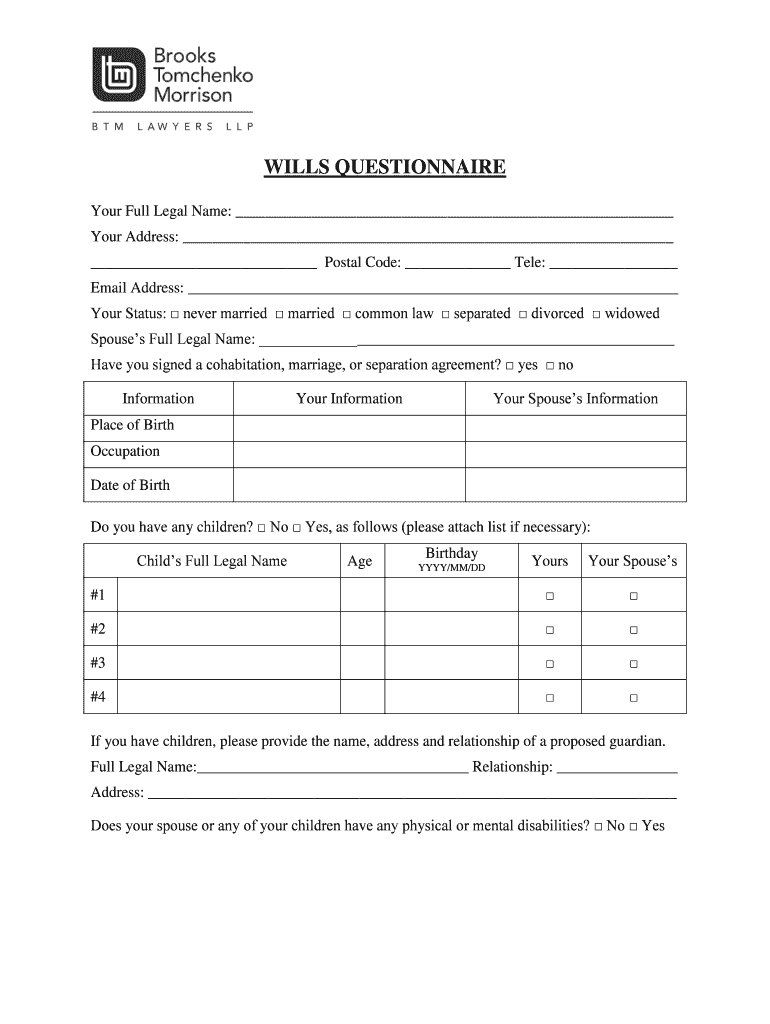 Fillable Online WILLS QUESTIONNAIRE - Everything Financial Group Fax ...