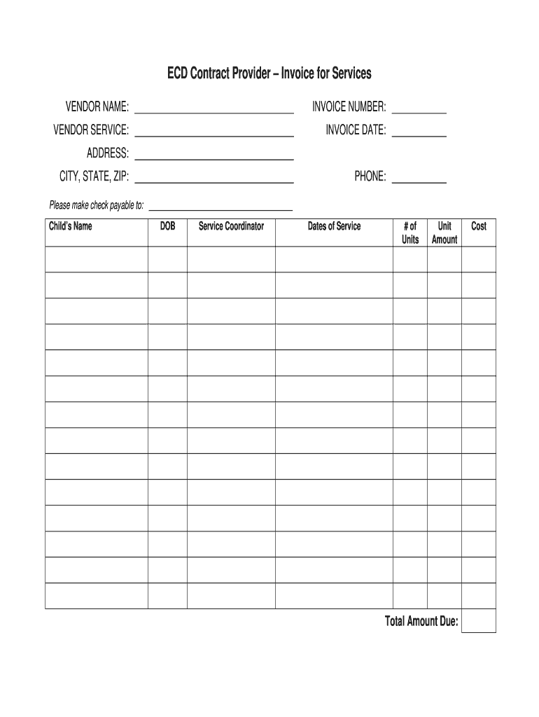 Fillable Online developmentalpathways ECD Contract Provider Invoice for ...