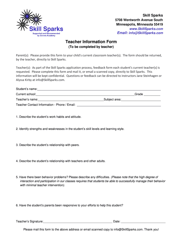 Fillable Online Teacher Info Form w-header-word-2014-0227 Fax Email ...