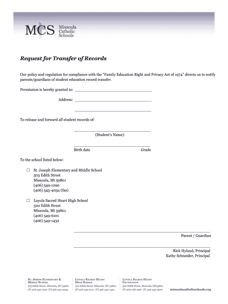 Fillable Online missoulacatholicschools Request for Transfer of Records ...