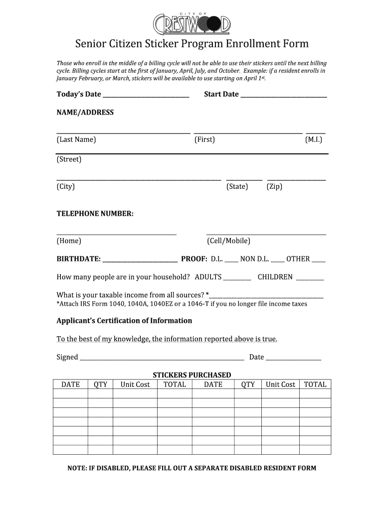 Fillable Online Senior Citizen Sticker Program Enrollment Formdocx Fax ...