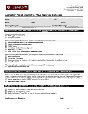 Fillable Online maysweb tamu Application Packet Checklist for Mays Reciprocal Exchanges ...