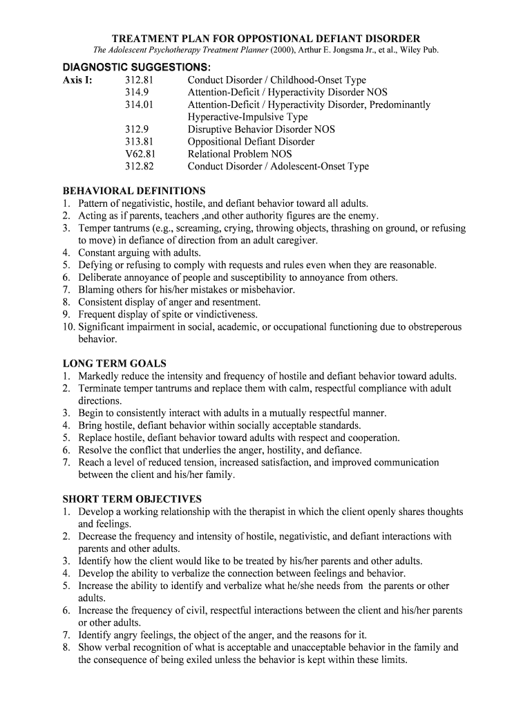 Fillable Online TREATMENT PLAN FOR OPPOSTIONAL DEFIANT DISORDER Fax ...