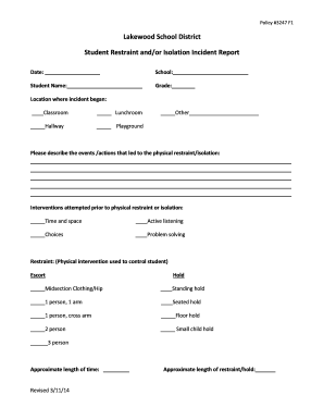 Fillable Online Lakewood School District Student Restraint andor Fax ...
