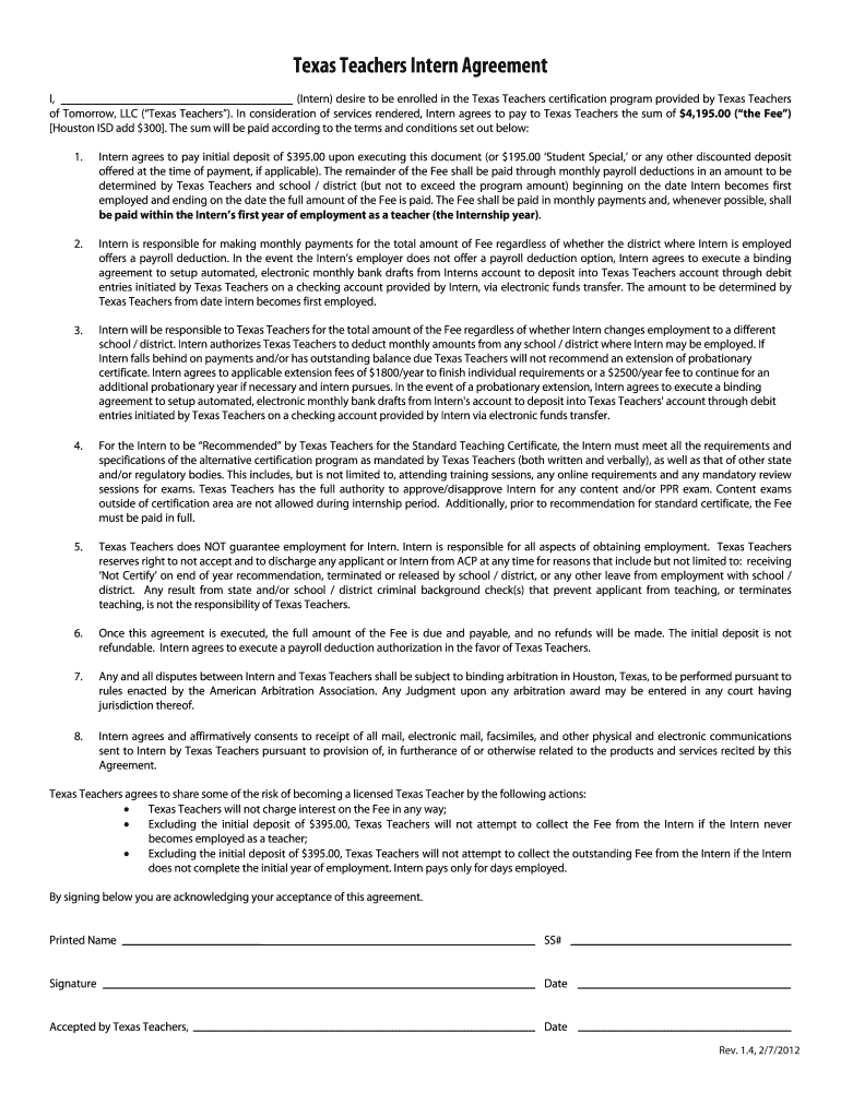 Fillable Online Texas Teachers Intern Agreement Fax Email Print - pdfFiller