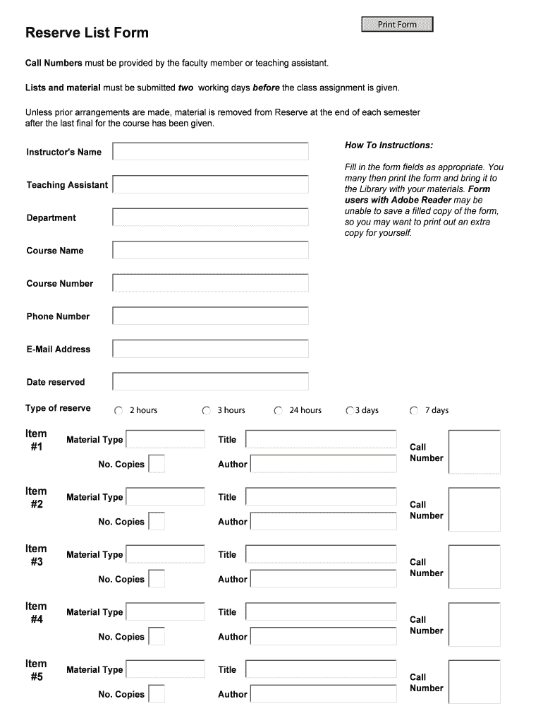 Fillable Online libraries olemiss Reserve List Form - University of ...