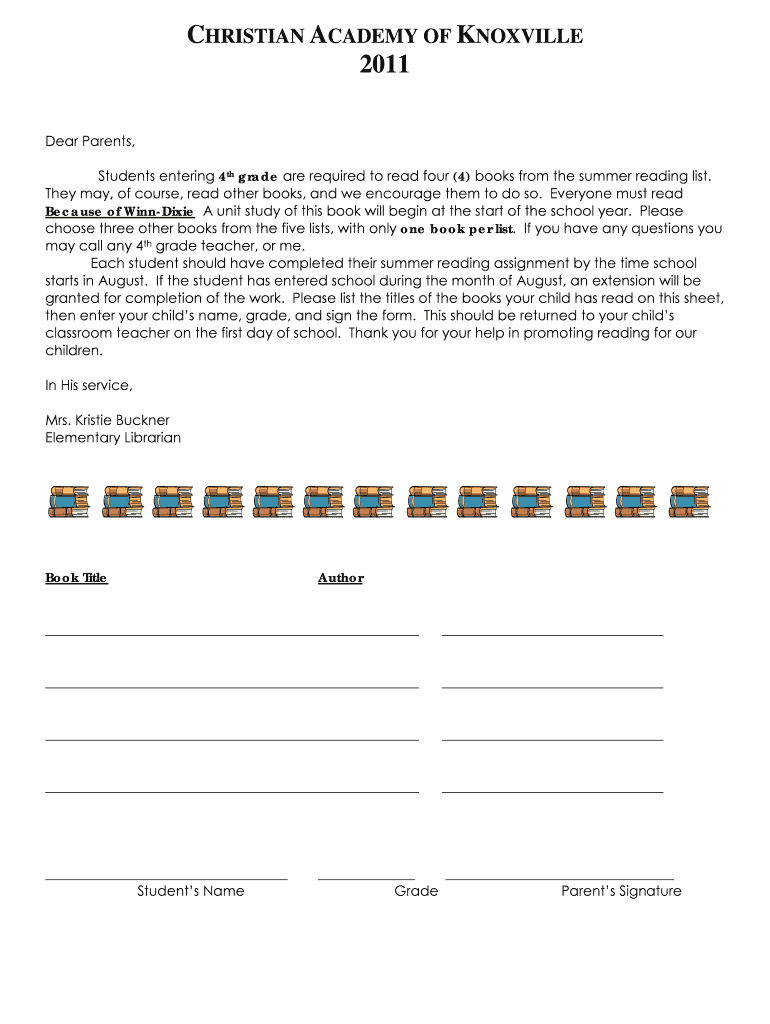 Fillable Online Students entering 4th grade are required to read four ...
