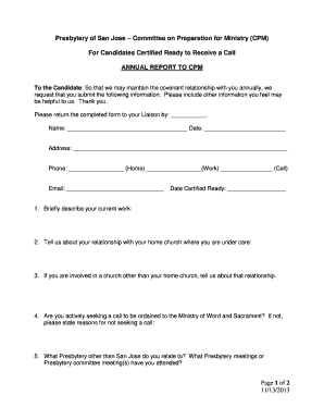 Fillable Online Annual Report to CPM - sanjosepbyorg Fax Email Print - pdfFiller