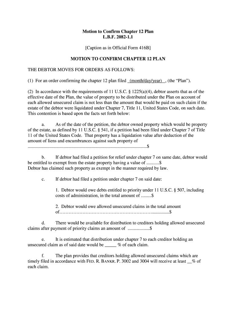 Fillable Online cob uscourts Motion to Confirm Chapter 12 Plan LBF 2082 ...