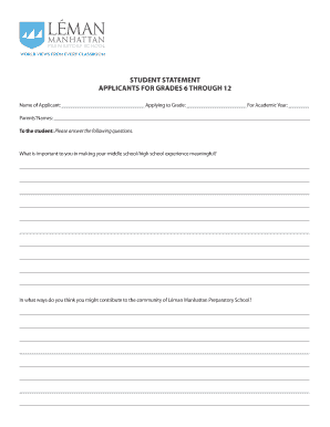 Fillable Online STUDENT STATEMENT APPLICANTS FOR GRADES 6 THROUGH 12 ...