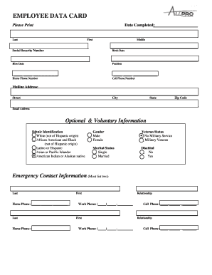 Fillable Online EMPLOYEE DATA CARD Please Print Emergency Contact ...