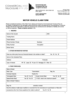Fillable Online SCOMMERCIAL MOTOR VEHICLE Claim Form Fax Email Print ...