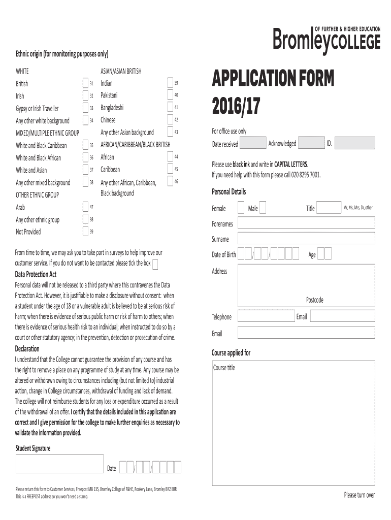 Fillable Online bromley ac Ethnic origin for monitoring purposes only ...