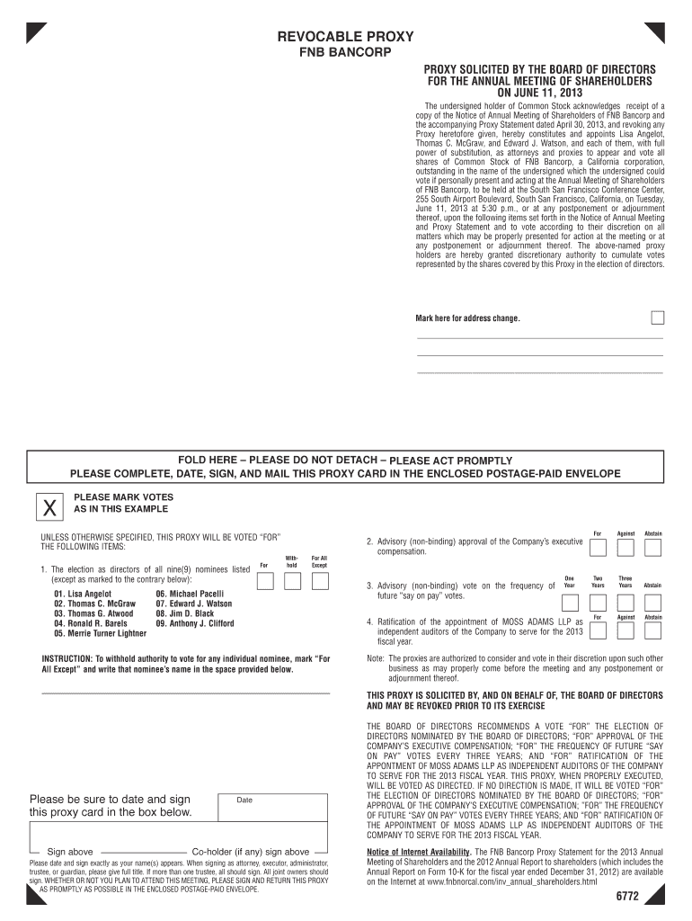 Fillable Online REVOCABLE PROXY FNB BANCORP - FNB Norcal Fax Email Print - pdfFiller