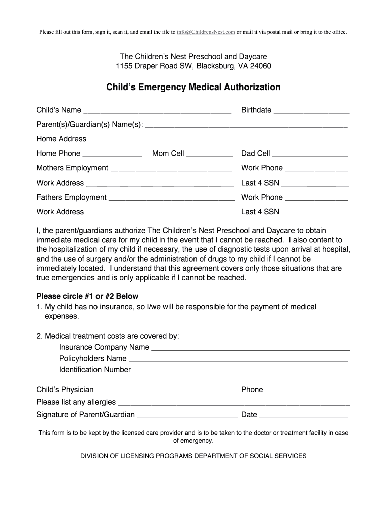 Fillable Online Childs Emergency Medical Authorization Fax Email Print - pdfFiller
