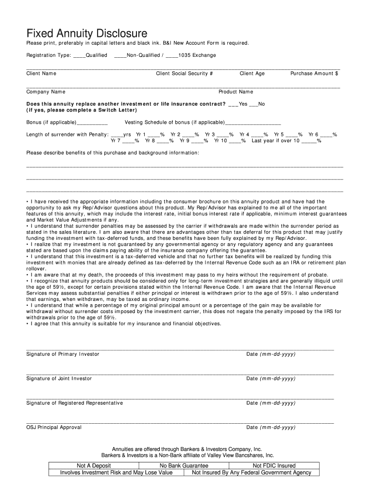 Fillable Online Fixed Annuity Disclosure - Bankers Investors Company ...