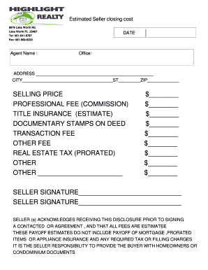 Fillable Online Estimated Seller closing cost - highlight realty Fax ...