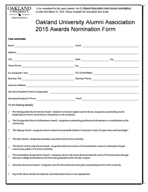 Fillable Online Oakland University Alumni Association 2015 Awards - OU Alumni Fax Email Print ...