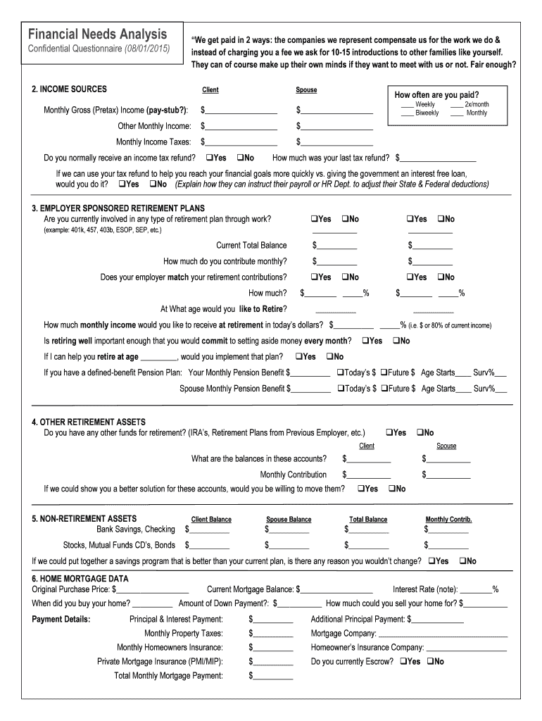 Fillable Online Financial Needs Analysis Questionnaire - pfsallstarscom Fax Email Print - pdfFiller
