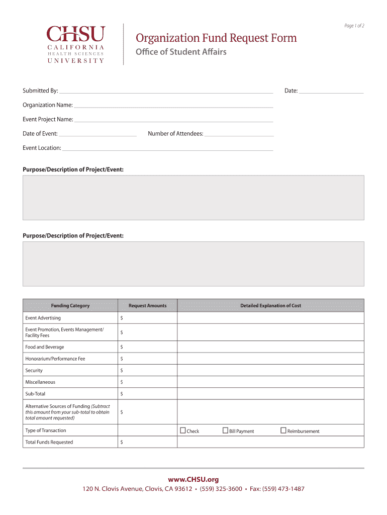 Fillable Online chsu Organization Fund Request Form - chsuorg Fax Email ...