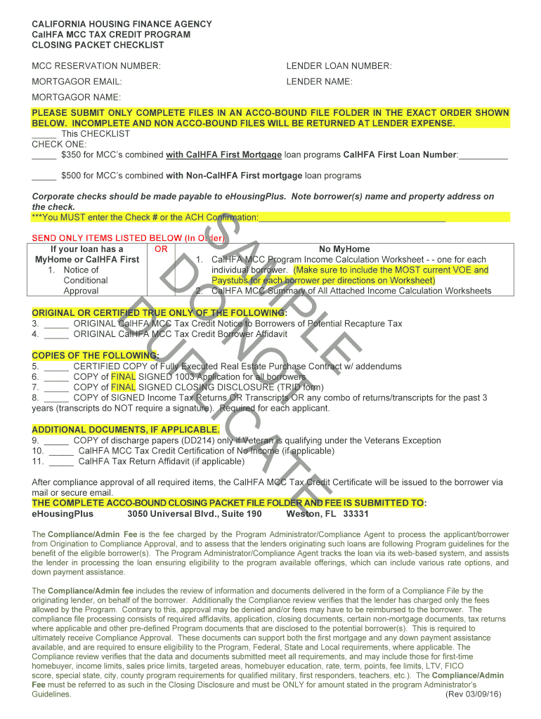 Fillable Online CALIFORNIA HOUSING FINANCE AGENCY CalHFA MCC TAX CREDIT ...