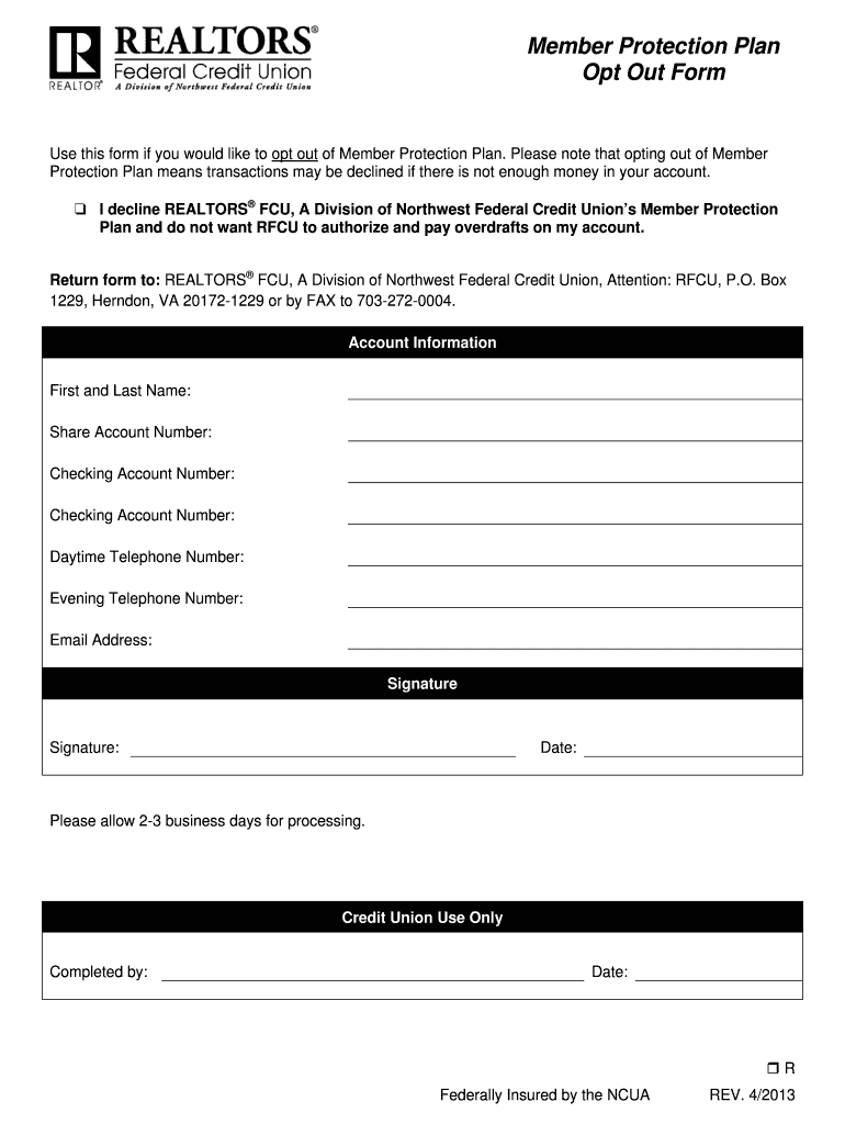 Fillable Online Member Protection Plan Opt Out Form Fax Email Print ...
