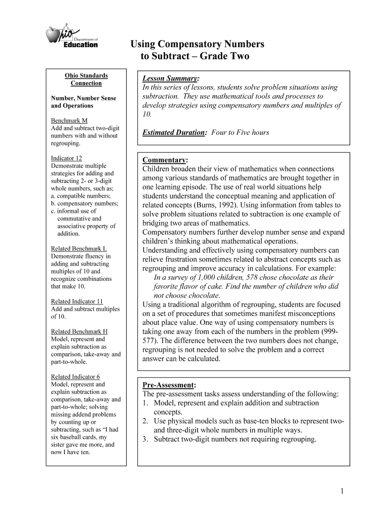 Fillable Online ims ode state oh Using Compensatory Numbers to Subtract ...
