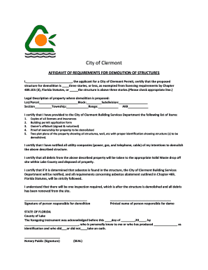 Fillable Online AFFIDAVIT OF REQUIREMENTS FOR DEMOLITION OF STRUCTURES ...