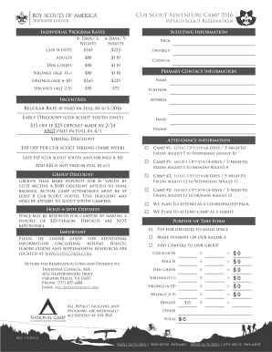 Fillable Online Cub Scout Adventure Camp 2016 Pipsico Scout Reservation ...