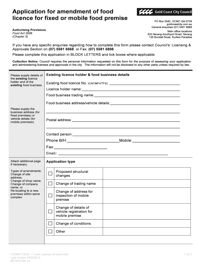Fillable Online FOOD LICENCE AMENDMENT AMEND FOOD LICENCE Fax Email ...