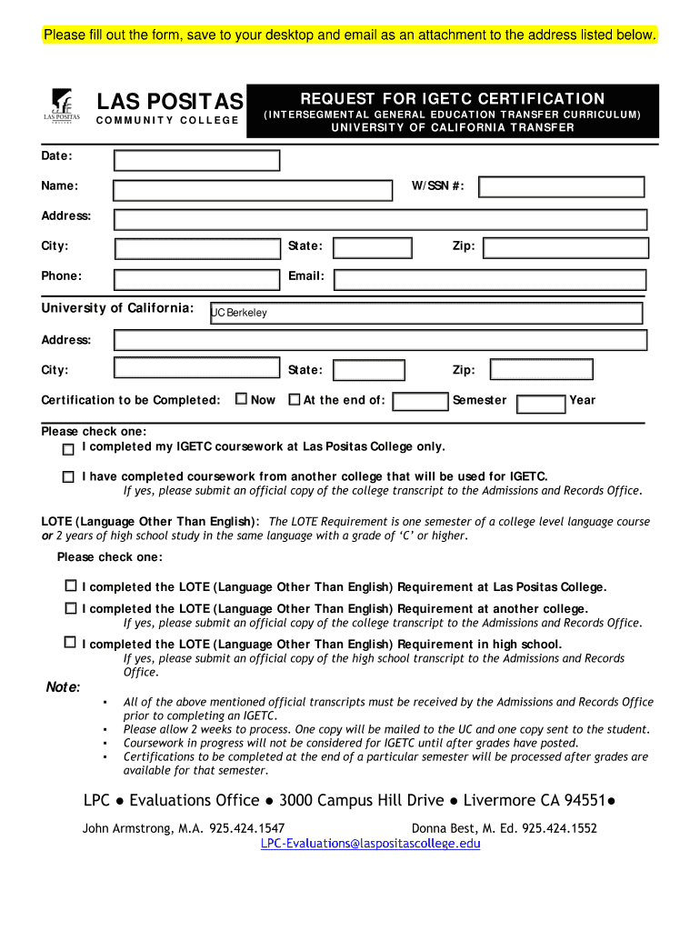 Fillable Online laspositascollege Request for Igetc Intersegmental ...