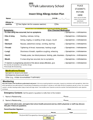 Fillable Online Falk Laboratory School Place Students Insect Sting ...