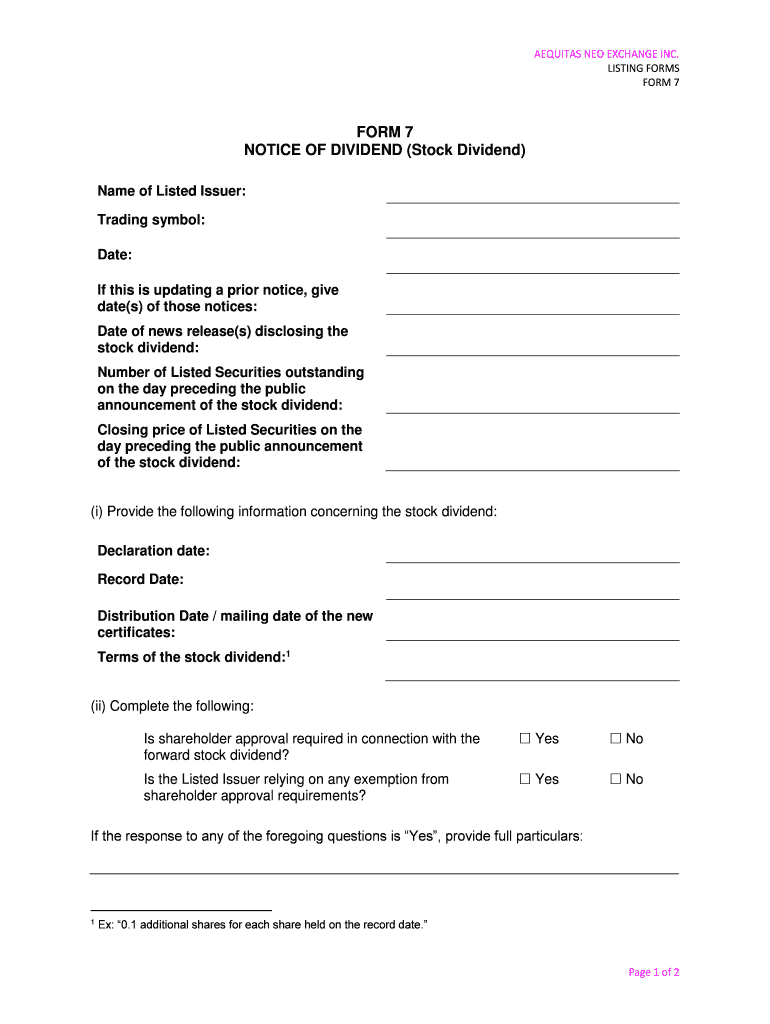 Fillable Online FORM 7 NOTICE OF DIVIDEND Stock Dividend Fax Email ...