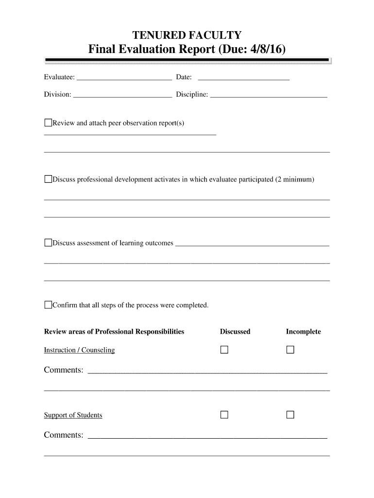 Fillable Online napavalley TENURED FACULTY Final Evaluation Report Due 4816 - napavalley Fax ...