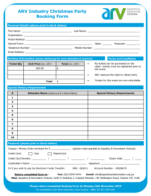 Fillable Online ARV Industry Christmas Party Booking Form Personal ...