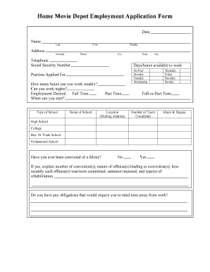 Fillable Online Home Movie Depot Employment Application Form Fax Email ...