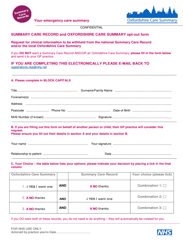 Fillable Online Medical - Summary Care Opt-Out Letter Fax Email Print ...