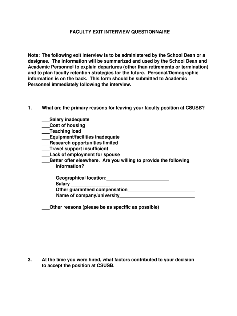 Fillable Online academicpersonnel csusb Note The following exit interview is to be administered ...