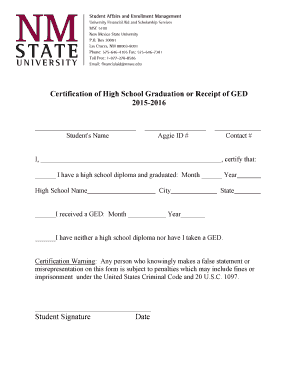 Fillable Online fa nmsu Certification of High School Graduation or ...